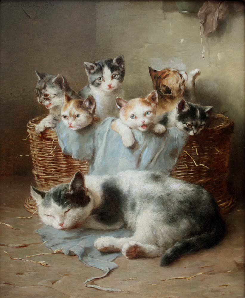 Carl Reichert (Austrian,1836-1918), Cat idyll, 1917 | Scary cat, Cat artwork, Cat painting